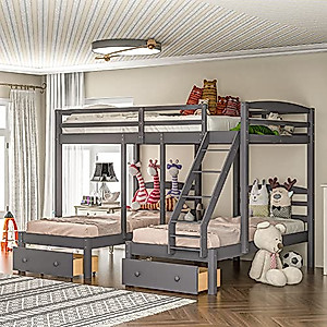 KoiHome Full Over Twin & Twin Bunk Bed with Full-Length Guardrail,Triple Bunk Bed with Built-in Drawers and Solid Slat Support for Teens Bedroom,Space-Saving Design, No Box Spring Needed, Grey
