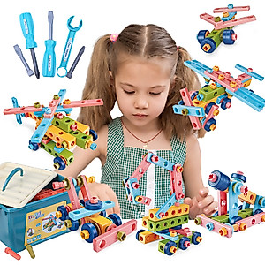 Erector Sets for Kids Ages 4-8, Easy Assembled 163 PCS Building Blocks, STEM Games for 4 5 6 7 8 Year Old Girls Boys Kids, Educational Building Toy STEM Kits with Tools, Design Guide, Storage Bin