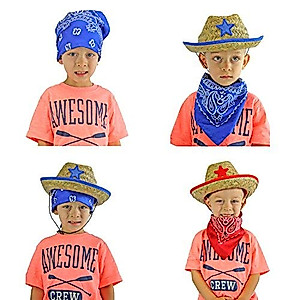 JOYIN Toy Pack of 12 Childs Straw Cowboy Hats with Cowboy Bandannas (6 Red & 6 Blue) Party Favors