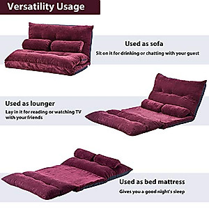 Merax Lazy Sofa Bed, Five Position Adjustable Folding Floor Couch with 2 Pillows, Futon Love Seat Sofa for Living Room, Bedroom, Stury Room (Burgundy)