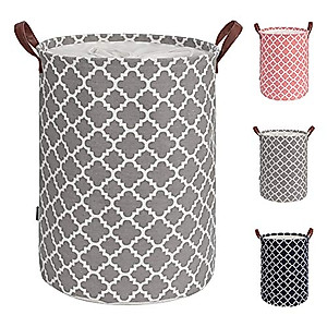 TOTANKI 48L Thickened Large Sized Laundry Basket with Durable Leather Handle, Drawstring Round Cotton Linen Collapsible Storage Basket,Dirty Clothes Hamper for Bedroom (Gray, L)