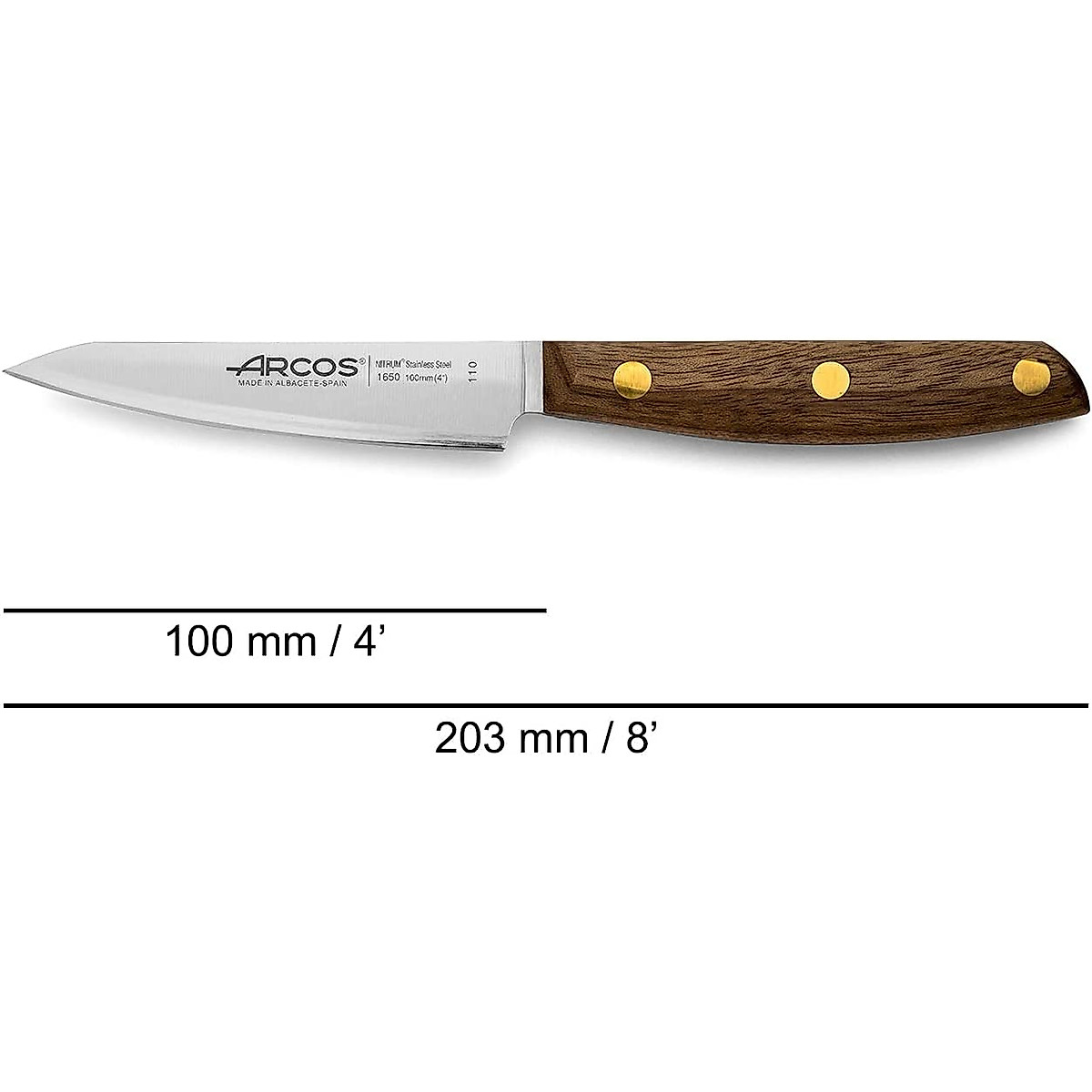 ARCOS Professional Kitchen Knife Set 3 pieces Nitrum Stainless Ste. Ovengkol Wood Handle 100% natural FSC. Series Nordika. High precision cut. Color Brown.