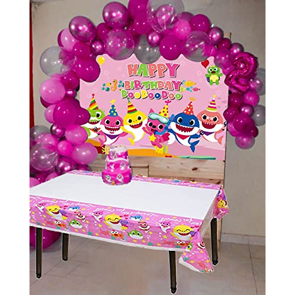 Pink Shark Baby Backdrop and Tablecloth,5x3ft Polyester Shark Photography Background Undersea World Shark Table Cover 70.8x42.5 Inch for Girls Birthday Decorations