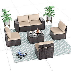 ALAULM Patio Furniture Sets 6 Pieces Patio Sectional Outdoor Furniture Patio Sofa Chairs Set All Weather PE Rattan Wicker Couch Conversation Set with 5 Khaki Thickened Cushions & Coffee Table