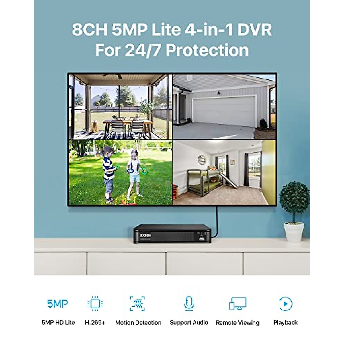 ZOSI H.265+ 5MP Lite CCTV DVR 8 Channel Full 1080p, Remote Access, Motion Detection, Alert Push, Hybrid Capability 4-in-1(Analog/AHD/TVI/CVI) Surveillance DVR for Security Camera (No Hard Drive)