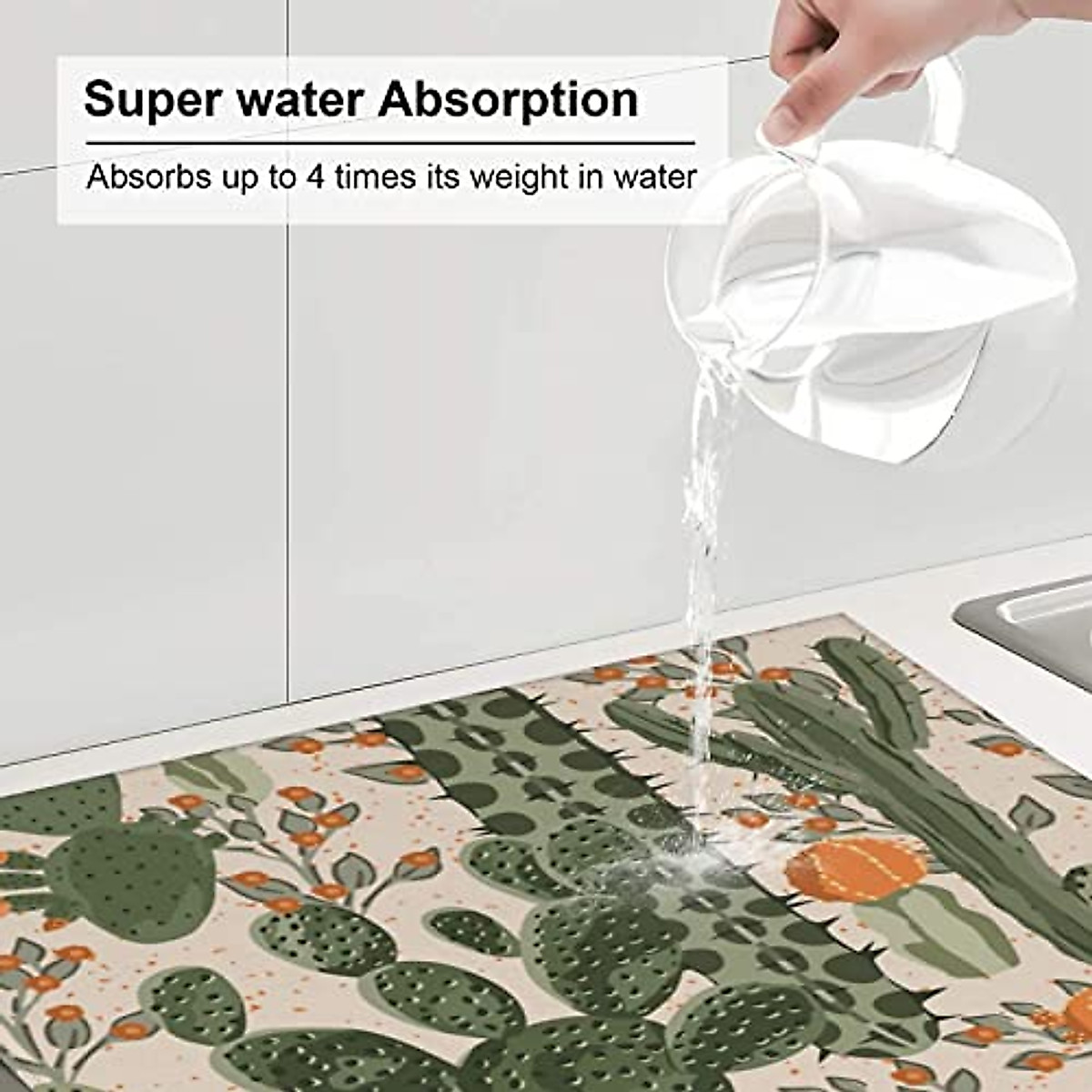 Green Cactus Printed Drying Mat For Kitchen Ultra Absorbent Microfiber Dishes Drainer Mats Non-Slip Silicone Quick Dry Pad - 18 X 16inch