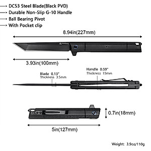FORESAIL Flipper Pocket Folding Knife,DC53 Steel Blade and G10 Handle. With pocket clip and glass breaker,men's pocket knife hiking trip EDC tool Knife (Black PVD Blade)