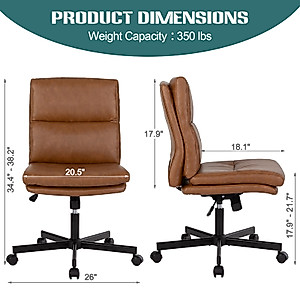 LUCKWIND Armless Office Desk Chair with Wheels, Mid-Back Criss Cross Swivel Task Chair, Height Adjustable Cushioned Vanity Chair, Double Padded PU-Leather Chairs for Home, Office & Bedroom (Brown)