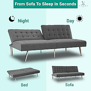 Naomi Home Tufted Split Back Futon Convertible Sofa Bed, Futon Couches for Living Room, Linen Futon Couch Bed with Chrome Legs, Folding, Reclining Small Convertible Sofa Bed, Gray