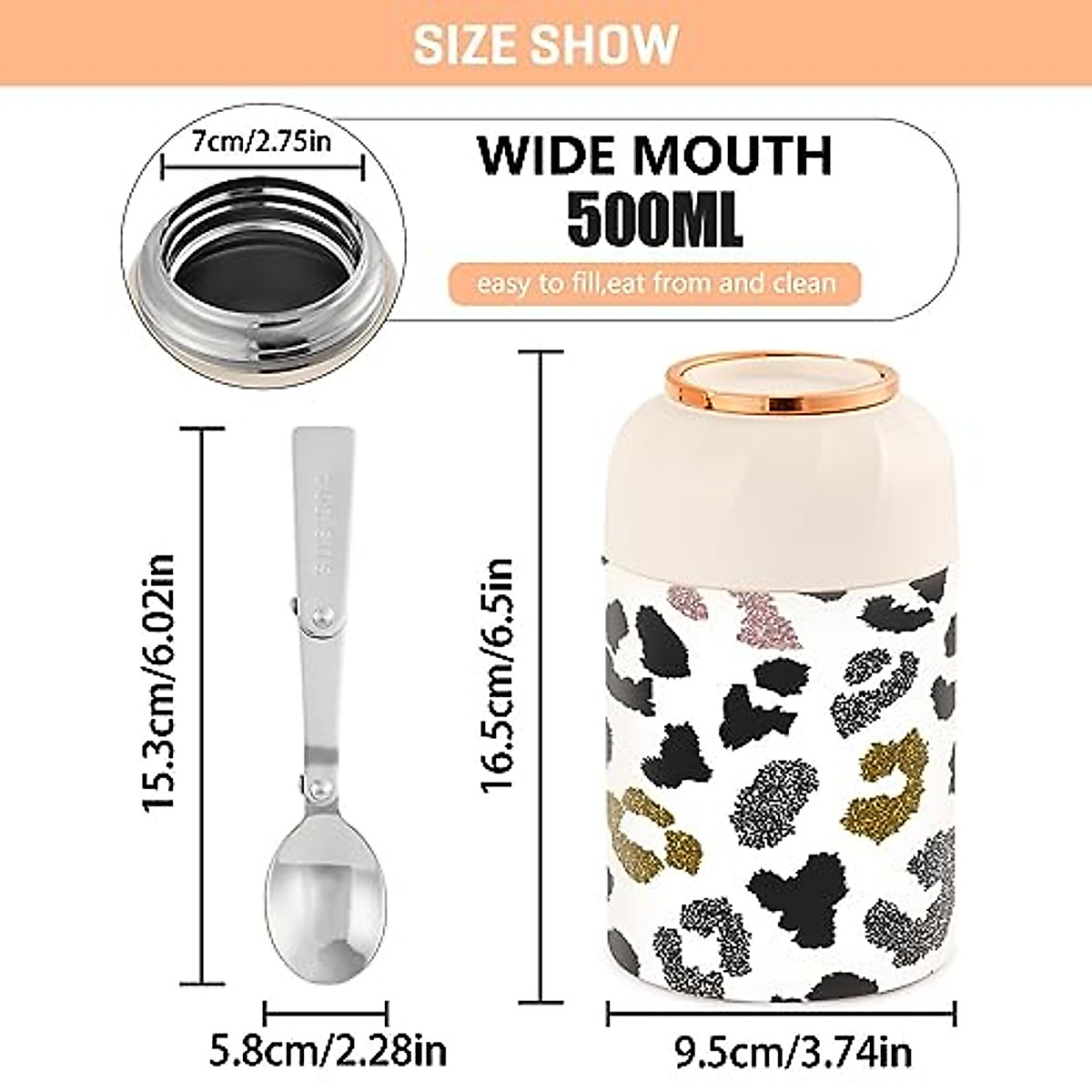 CUPADA Animal Skin Leopard Food Jar for Hot and Cold, Abstract Insulated Food Jars Vacuum 17OZ with Folding Spoon for Work Trip Picnic Camping