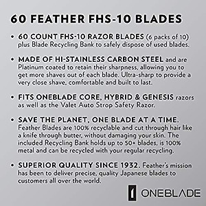 60 Feather FHS-10 Japanese Steel Razor Blades - Refill for OneBlade Core, Hybrid, & Genesis Razors - Single Blade Razor