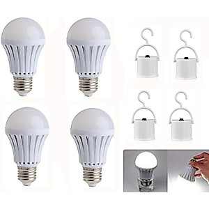 K JINGKELAI 9W Rechargeable LED Bulbs with Battery Backup - Emergency Light Bulb, E27/E26 Base, 60W Equivalent Brightness, Intelligent Power Outage Lighting with Hook, 4-Pack