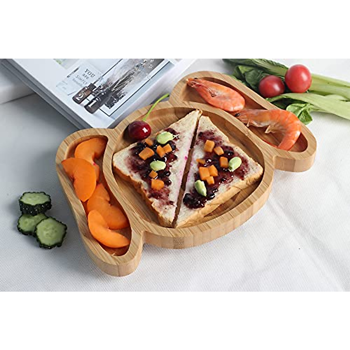 Baby Bamboo Plates with Suction Toddler Cute Dog Plates Natrual Bamboo Feeding Dishes for Kids Children (Green)