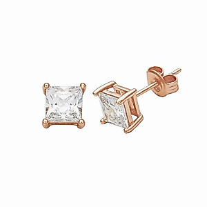 Amazon Essentials Rose Gold Plated Sterling Silver Princess Cut Cubic Zirconia Stud Earrings (5.5mm)