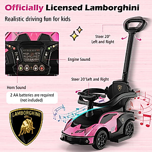Costzon Push Cars for Toddlers, 3 in 1 Licensed Lamborghini Stroller Sliding Walking Car w/Handle, Armrest Guardrail, Underneath Storage, Horn, Foot-to-Floor Ride On Toy for Boys Girls (Pink)