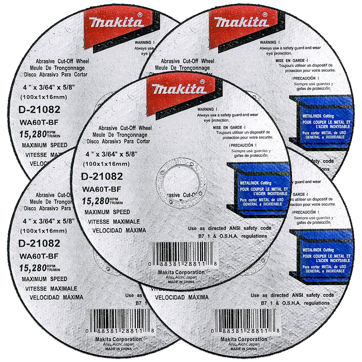 Makita 5 Pack - 4 Inch Cut Off Wheels For 4" Grinders - Aggressive Cutting For Metal & Stainless Steel - 4" x .045" x 5/8"