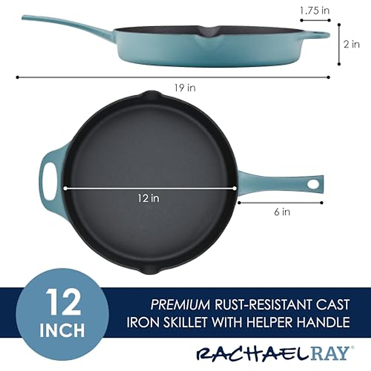 Rachael Ray NITRO Cast Iron Frying Pan/Skillet with Helper Handle and Pour Spouts, 12 Inch, Agave Blue