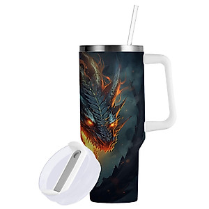 ALAZA Dragon Dark Background 30 oz Tumbler Water Bottle with Straw Lid and Handle,Reusable Insulated Stainless Steel Cup for Women Men Travel Car Cup Holder