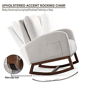 Belandi Rocking Chair Nursery, Velvet Nursery Glider Upholstered Accent Rocker Armchair with Side Pocket for Living Room Bedroom Offices (Cream White)