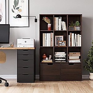 Senfot Bookcase 9 Cube, Modern Bookshelf Storage Cabinet with 2 Large Drawers, Free Standing Storage Organizer Book Shelves for Living Room, Office, Study, Brown