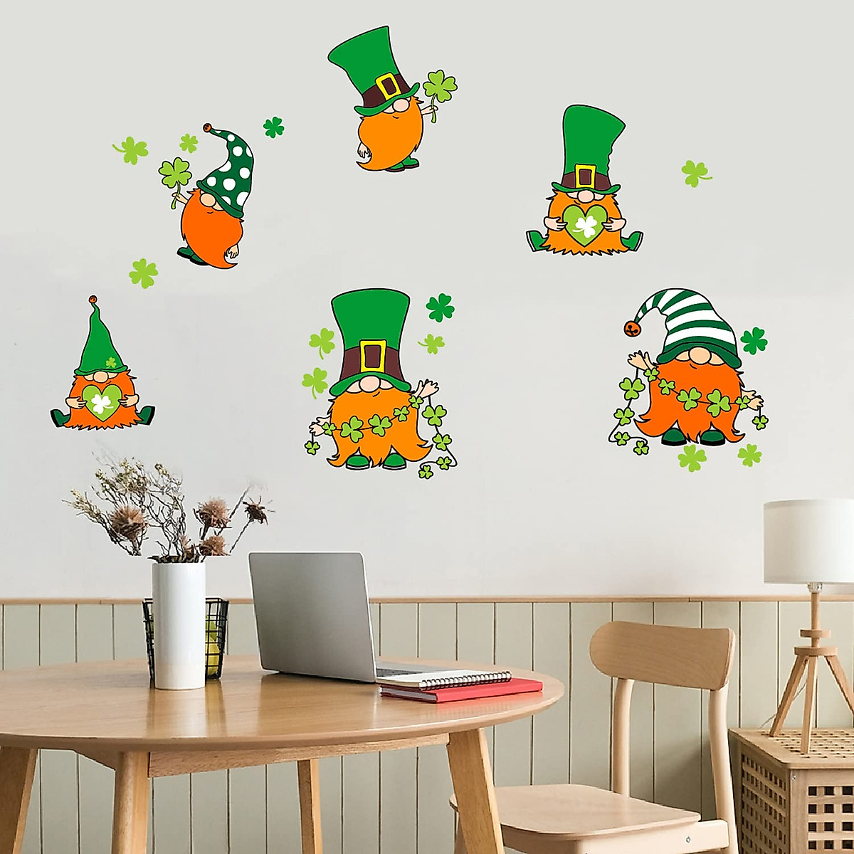 St. Patrick's Day Wall Decals Irish Shamrock Leprechaun Gnome Wall Stickers Removable Art Mural for Kids Room Nursery Bedroom Window Irish Party Supplies Home School Decor
