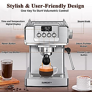 SUMSATY Espresso Machine, Espresso Machine with Milk Frother, Fast Heating Automatic, Latte and Cappuccino Machine, 20 Bar Espresso Maker, Stainless Steel, 1.8L Water Tank