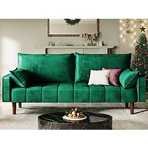 DWVO 70" Loveseat Sofa, Velvet Fabric Sofa Couch for Small Space, Modern Loveseat with Button Tufted Seat and Side Storage Pockect, 3 Seater Couch for Living Room Bedroom, 2 Pillows Included, Green