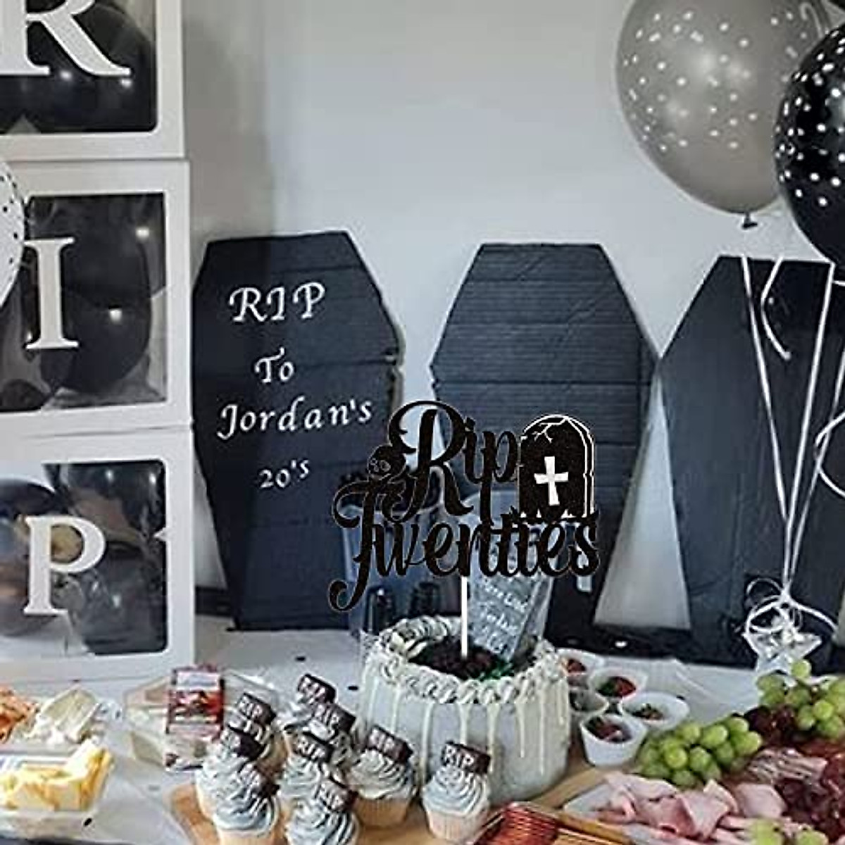 Rip Twenties Cake Topper Black Glitter Rip 20s Years Death to My Youth Funeral Happy Birthday Cake Decorations Rip to My 20s Death to My 20s 30th Birthday Party Supplies