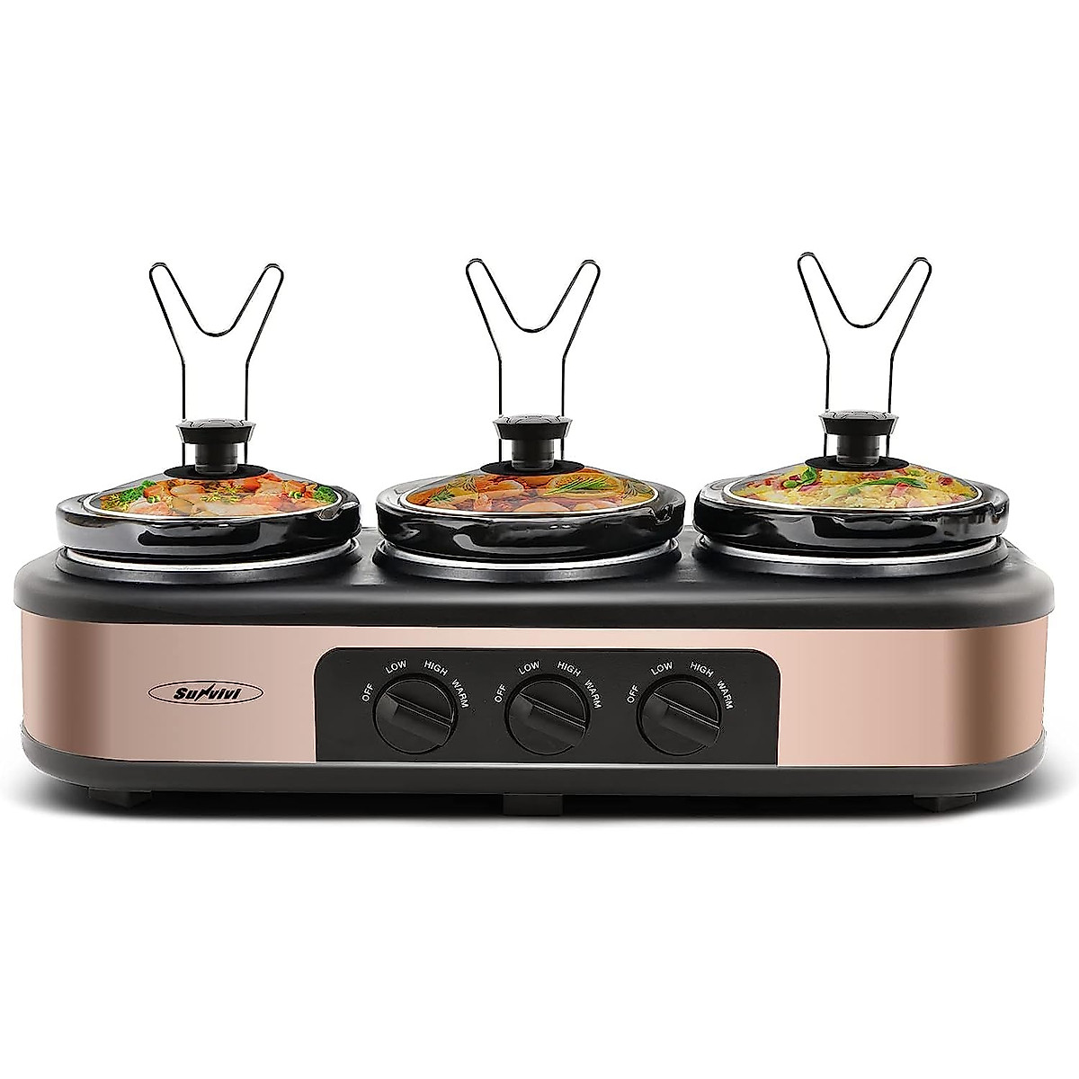 Slow Cooker, Dual Slow Cooker Black and Copper Triple Slow Cooker Buffet Server Multiple Pot Food Warmer, Slow Cooker Buffet Food Warmer Adjustable Temp Lid Rests Stainless Steel