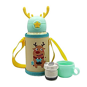 Thermos Water Bottle for Kids, 18/10 Stainless Steel Insulated Flask Bottles with Straw. 2 Lids, Pouch, Reindeer, 17 OZ