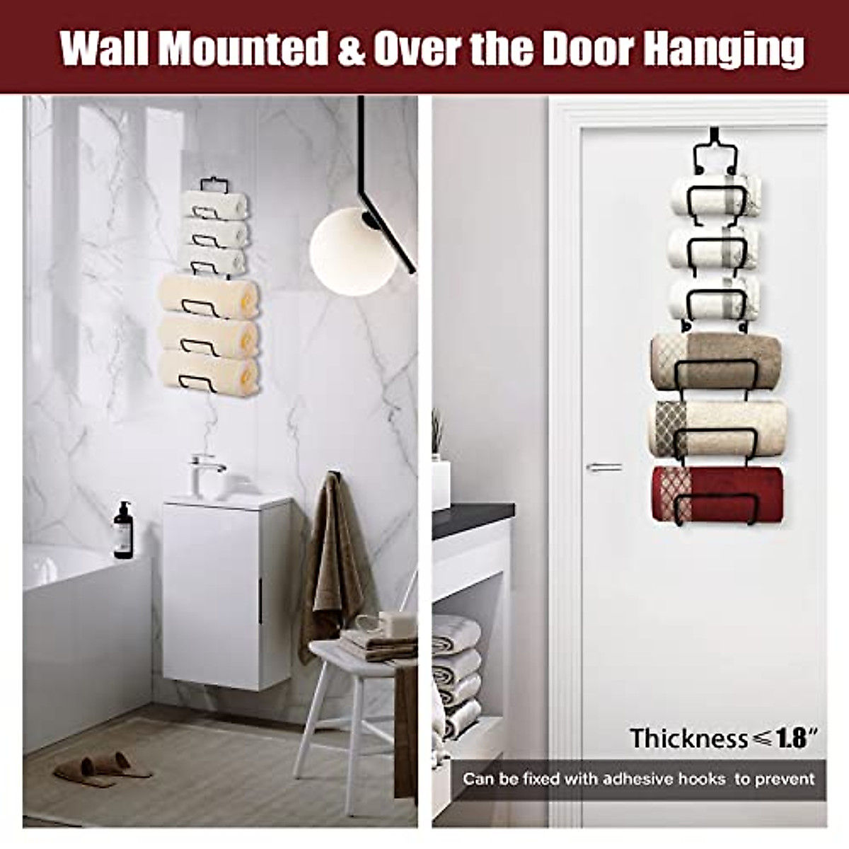 DIY Bathroom Towel Rack Holder Set - Adjustable Wall Mounted & Over The Door Hanging Storage Organizer for Hand/Bath Towels, Set of 6