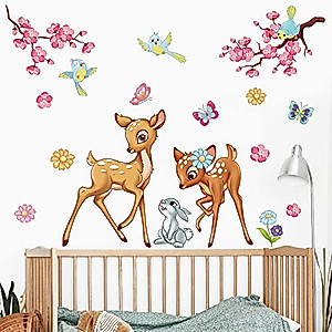 decalmile Woodland Animals Wall Stickers Deer Squirrel Birds Flowers Wall Decals Kids Room Baby Nursery Wall Decor