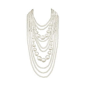 Women's Chunky Multi-Strand Faux Pearl Statement Necklace and Earrings Set (Cream - Style B)