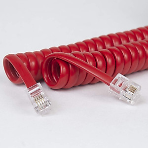 Cablesys Coiled Telephone Handset Cord for Use with PBX Phone Systems, VoIP Telephones - 12 Ft Uncoiled, Rj22, 1.5 Inch Lead on Both Ends, Cherry Red