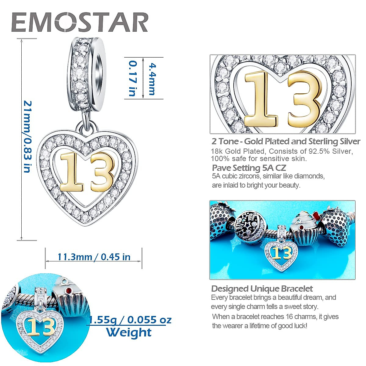 13 Years of Love Birthday Charms fits Pandora Style Bracelet, Golden Number 13, 925 Sterling Silver Heart Bead Pendant with Birthstones CZ, 13th Milestones Gifts for Back to School/Christmas