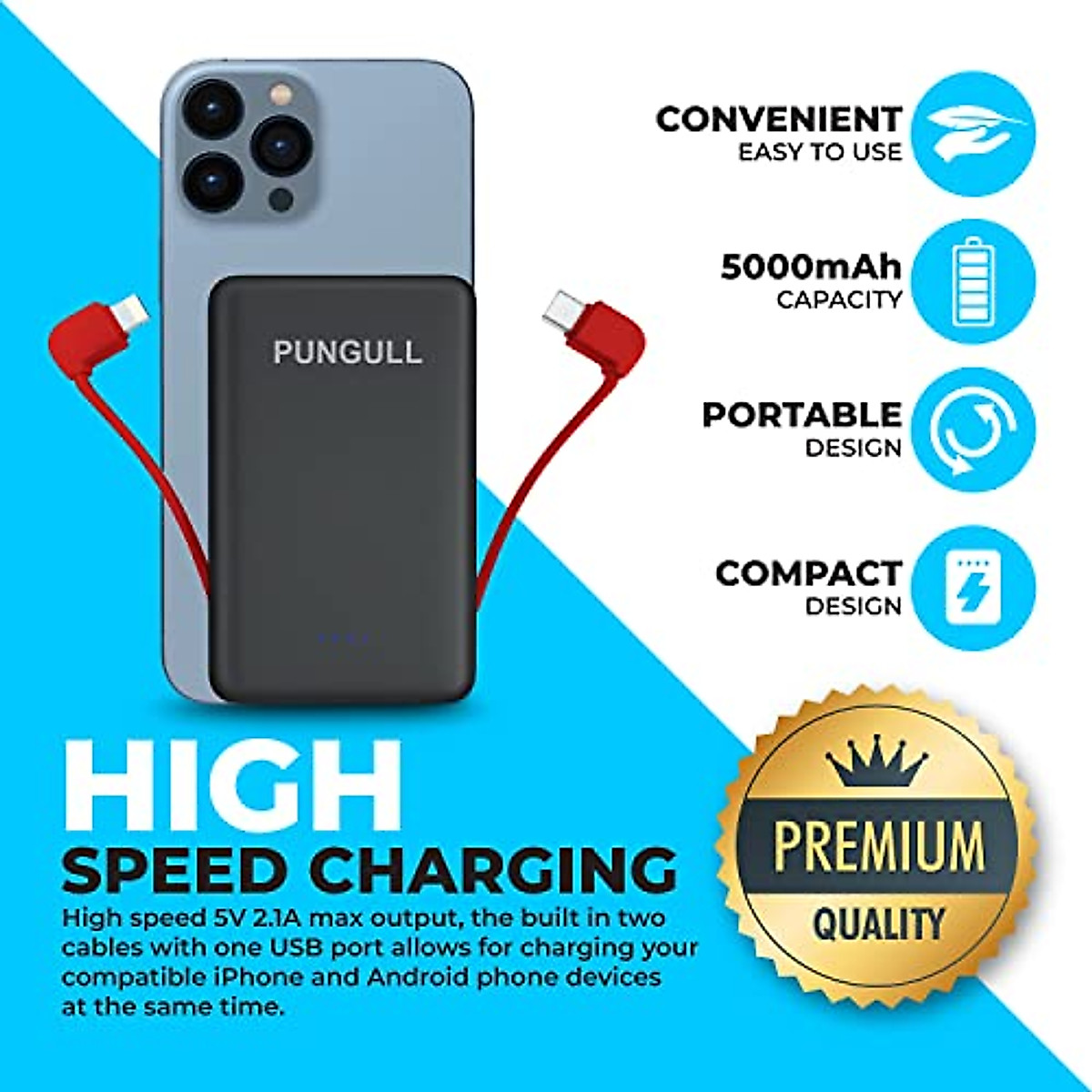 PUNGULL Slim Small Portable Phone Charger 5000mAh - Compact Mini Power Bank Built-in Cable Cute Mobile Cell Phone External Battery Pack 5V 2A USB-C Compatible with iPhones Airpods Samsung Heated Vest