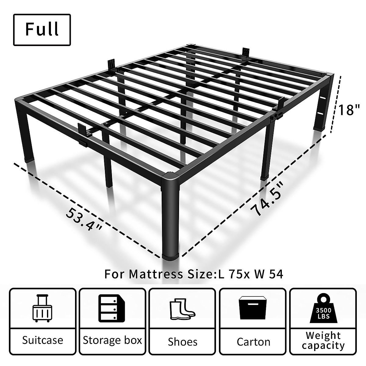ROIL 18 inch Metal Full Bed Frame with Rounded Corner and Headboard Hole Mattress Retainers 3500LBS Heavy Duty Steel Slats No Box Spring Needed Platform Noise-Free Easy Assembly