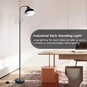 Feathmoo Industrial Floor Lamp with Black Metal Lampshade Floor Lamps for Reading, Minimalist Standing Lamps LED Light with 350° Adjustable Standard Tall Sofa Lamp for Living Room, Bedroom, Office