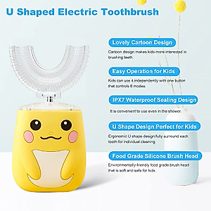 Kids Electric Toothbrush, U Shaped Ultrasonic Automatic Tooth Brush,Toothbrush with 2 Brush Heads,Six Cleaning Modes,IPX7 Waterproof,Cartoon Modeling Design for Toddler Children, Age 2-7 Yellow