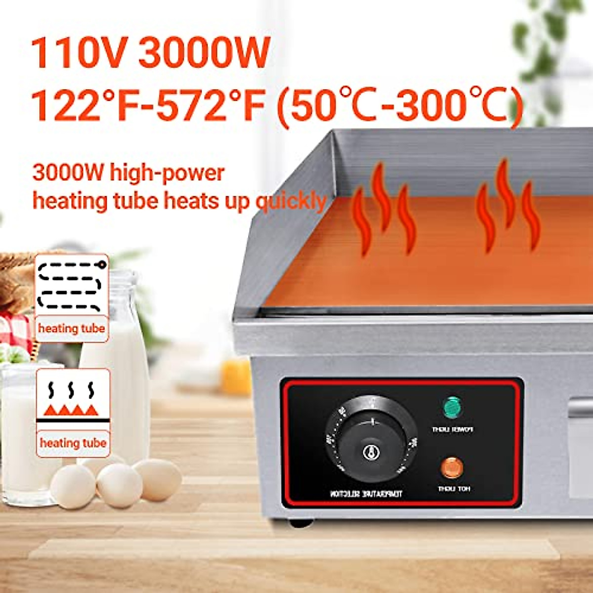 PROMOTOR 14" Electric Countertop Griddle Grill Stainless Steel Commercial Restaurant Teppanyaki Grill Adjustable Temp Control 1500W Non-Stick