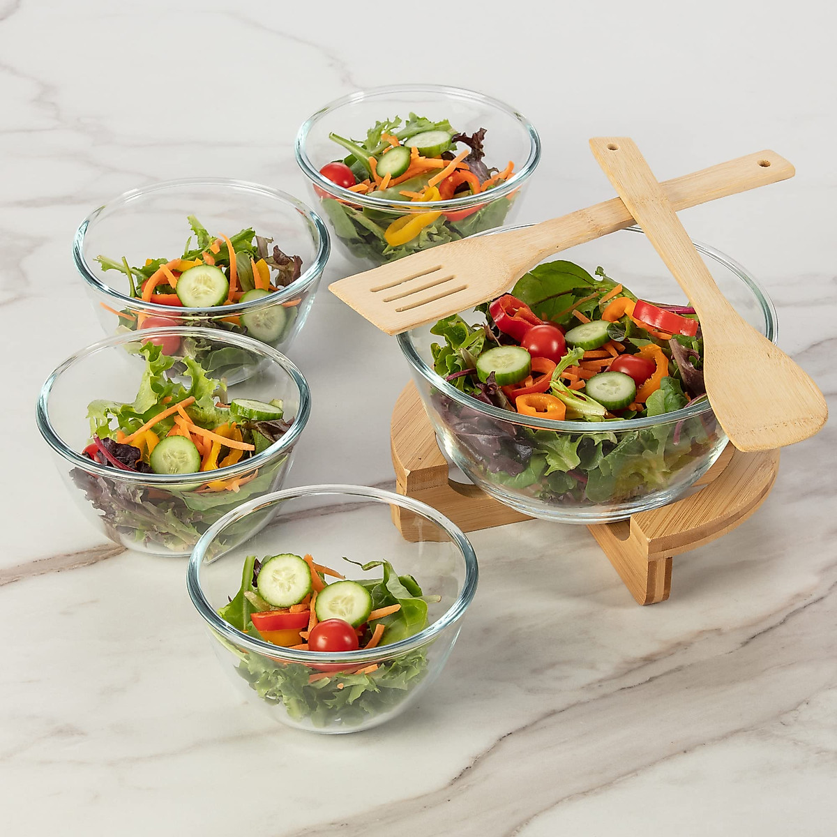 Kitchen Affections | 5pc Glass Salad Bowl Set with Serving Utensils | and Bamboo Pedestal Base | Glass Reusable Dinnerware | Durable Glass Dinner Bowls | Eco Friendly Bowls