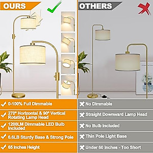 【Upgraded】 Dimmable Floor Lamp, 1200 Lumens LED Bulb Included, Gold Arc Floor Lamps for Living Room Modern Standing Lamp with Linen Shade, Tall Lamp for Living Room Bedroom Office Reading Room Nursery