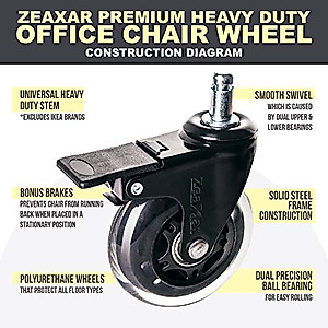 DOES NOT FIT IKEA CHAIRS - Caster Wheels with Brakes - 5 Pieces 3" Locking Office Chair Wheels - Quiet Rollerblade Style PU Rubber Heavy Duty Wheels - Work on Hardwood & Tile Floors & LOW PILE CARPET