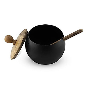 GoCraft Sugar Bowl with Wooden Lid and Spoon for Home and Kitchen, Drum Shape (Matte Black Finish)
