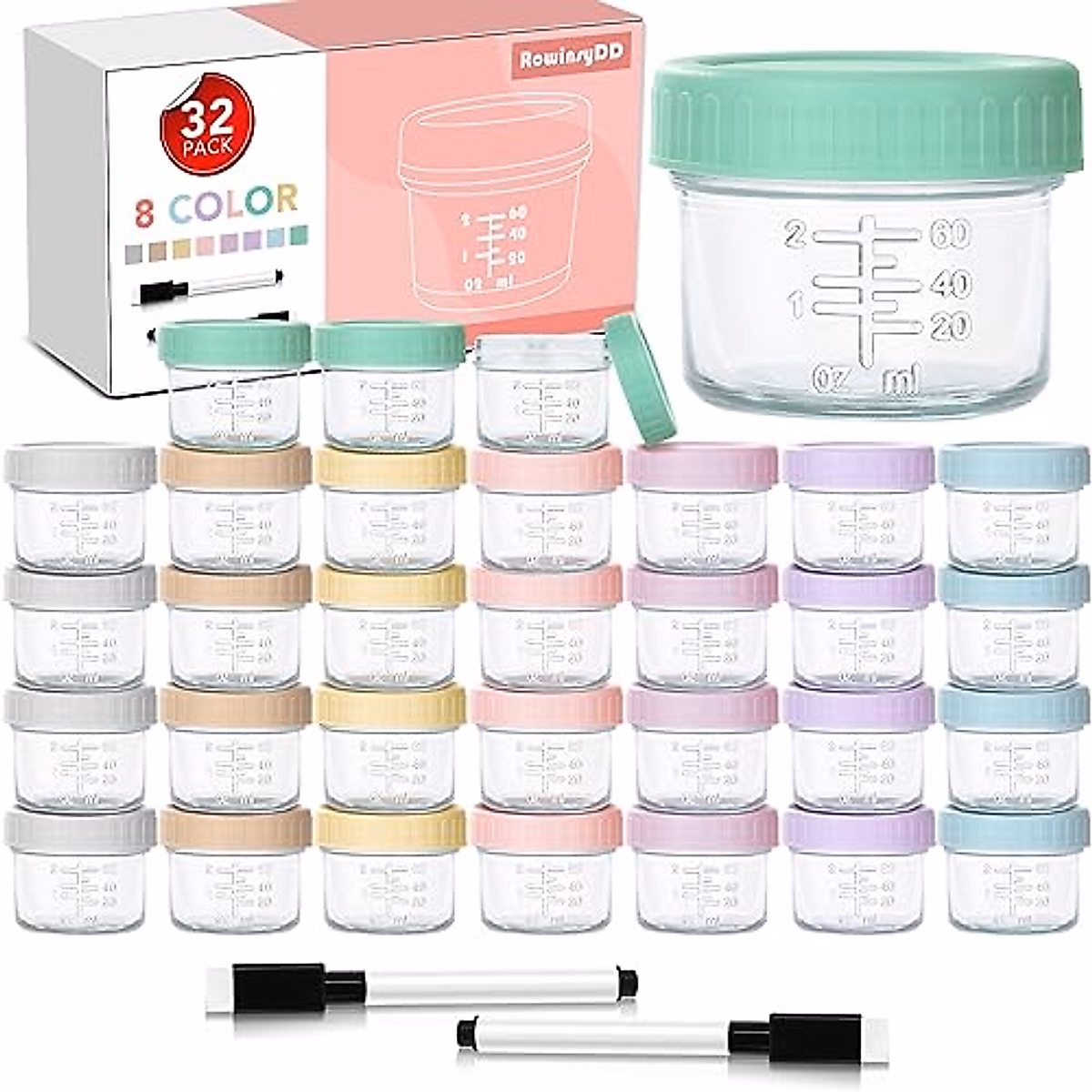 RowinsyDD 32 Pack Glass Baby Food Storage Containers, 4 oz Leakproof Baby Food Jars with Lids, Small Glass Food Containers for Infant Baby Food, Freezer & Microwave Safe, BPA Free