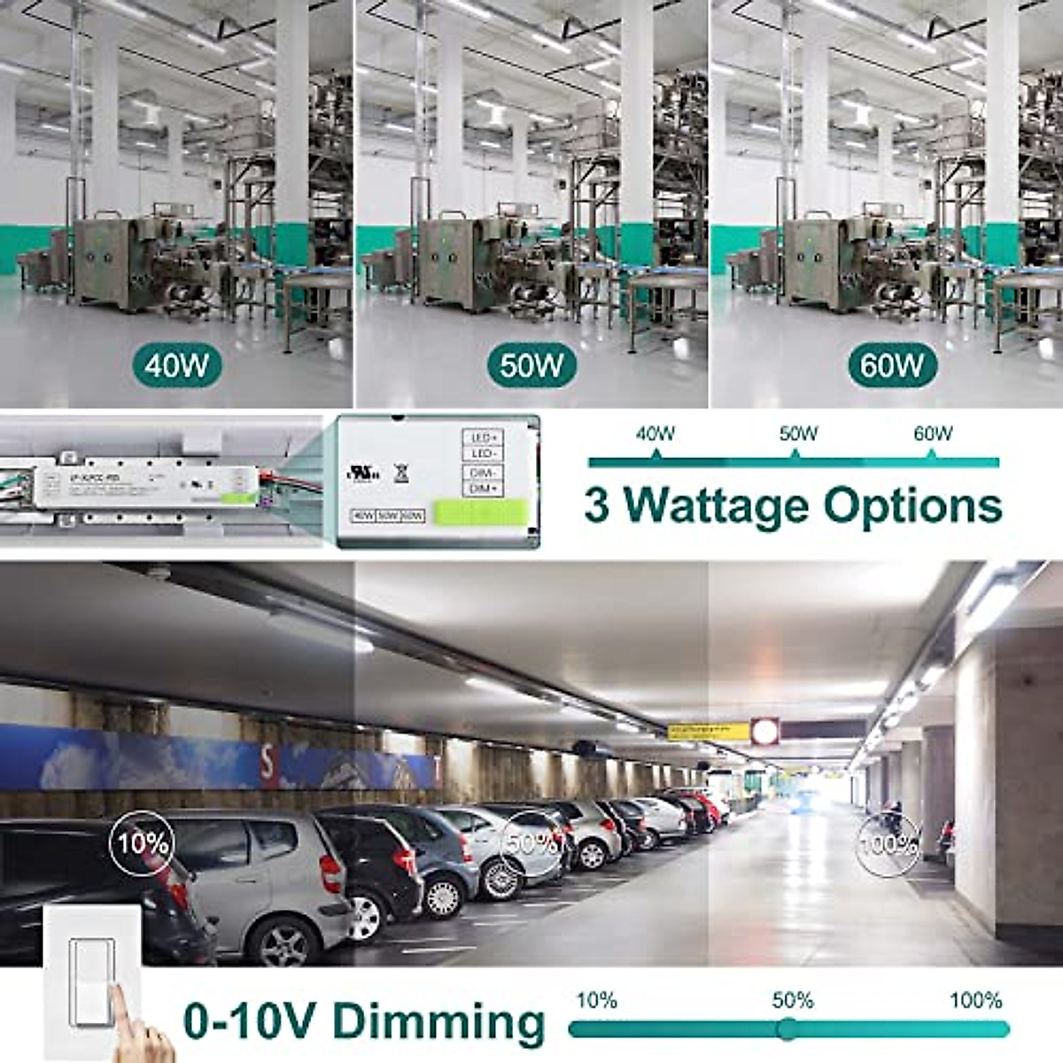 kadision 4FT Vapor Tight LED Light Fixture, 60W/50W/40W Wattage Selectable 7200lm 5000K 100-277V, 0-10V Dimmable Vapor Proof LED Light for Car Washes Parking Garages, UL Listed