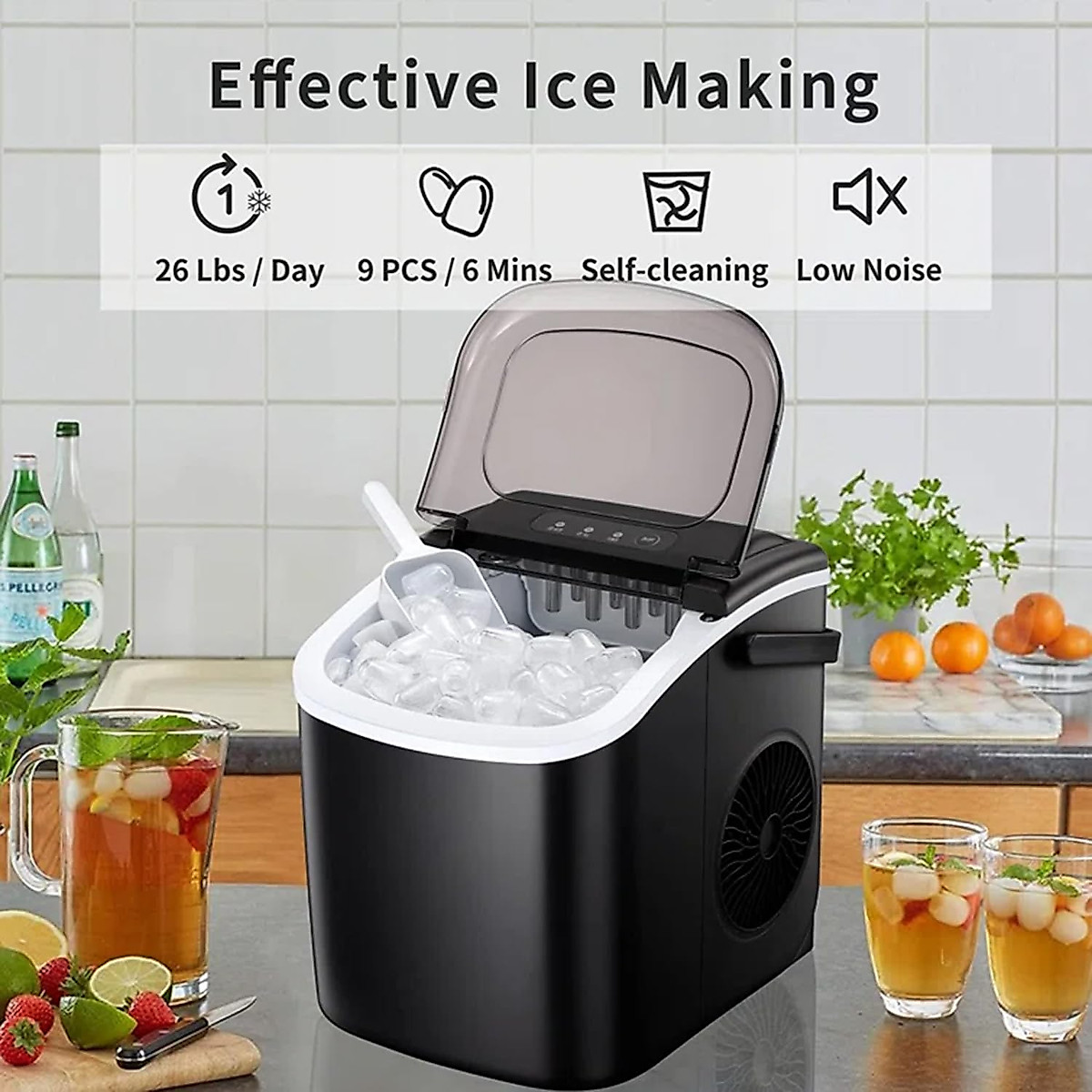 Ice Makers Countertop,9 Cubes Ready in 6 Mins,26lbs of Bullet-Shaped Ice in 24Hrs,Self-Cleaning Ice Machine with Ice Shovel and Basket,Portable Ice Maker Machine for Home Kitchen Office Bar Party