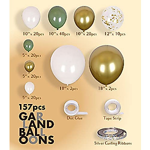 SUWEN 157PCS DIY Olive Green Balloon Arch Garland Kit Lime Green Gold Metallic White Latex Balloon Decorations for Birthday Baby Shower Party Decor