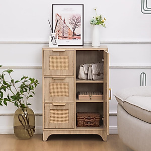ALBAD Rattan Sideboard Cabinet with Drawers and Doors Boho Narrow Buffet/Storage Cabinets with Wood Adjustable Shelf Farmhouse Coffee Bar Cabinet for Living/Dining Room, Bathroom, Kitchen
