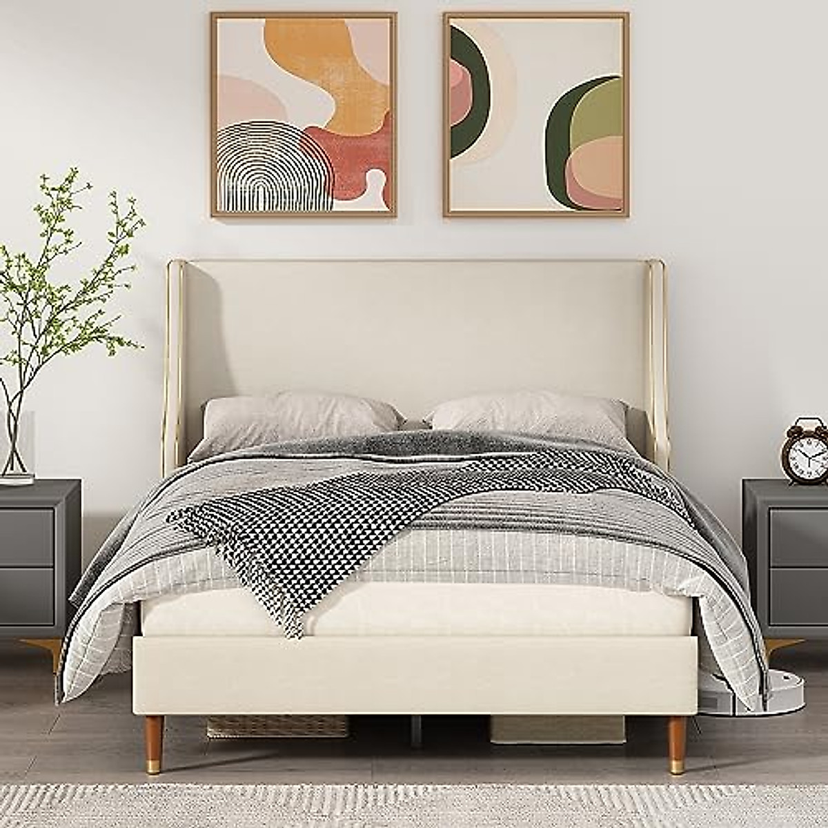 QNZK Upholstered Platform Bed Frame with Linen Headboard, Golden PVC Material Edge, Metal Frame Wooden Slat Support, No Box Spring Needed, Wood Foot Easy to Assemble & Noiseless (Beige, Full)